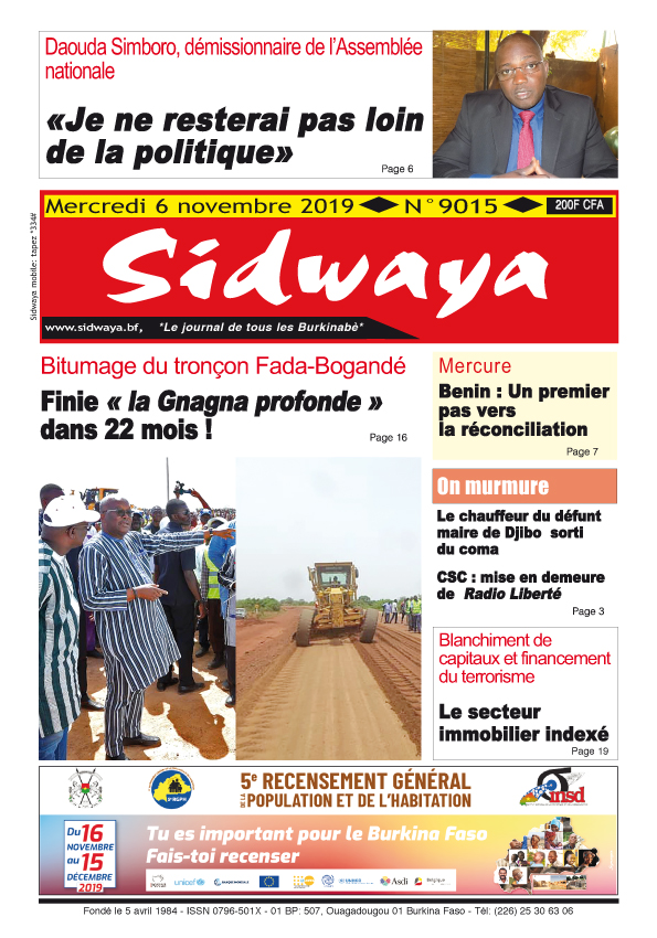 Une du 6-11-2019 | Quotidien Sidwaya